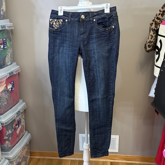 L.A. idol | Jeans | La Idol Dark Blue Skinny Jeans With Leopard Detail ...